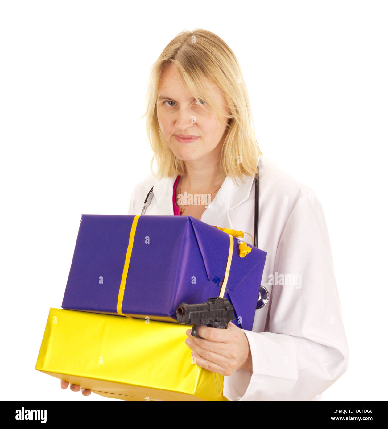 Medical doctor with gifts and a gun Stock Photo - Alamy
