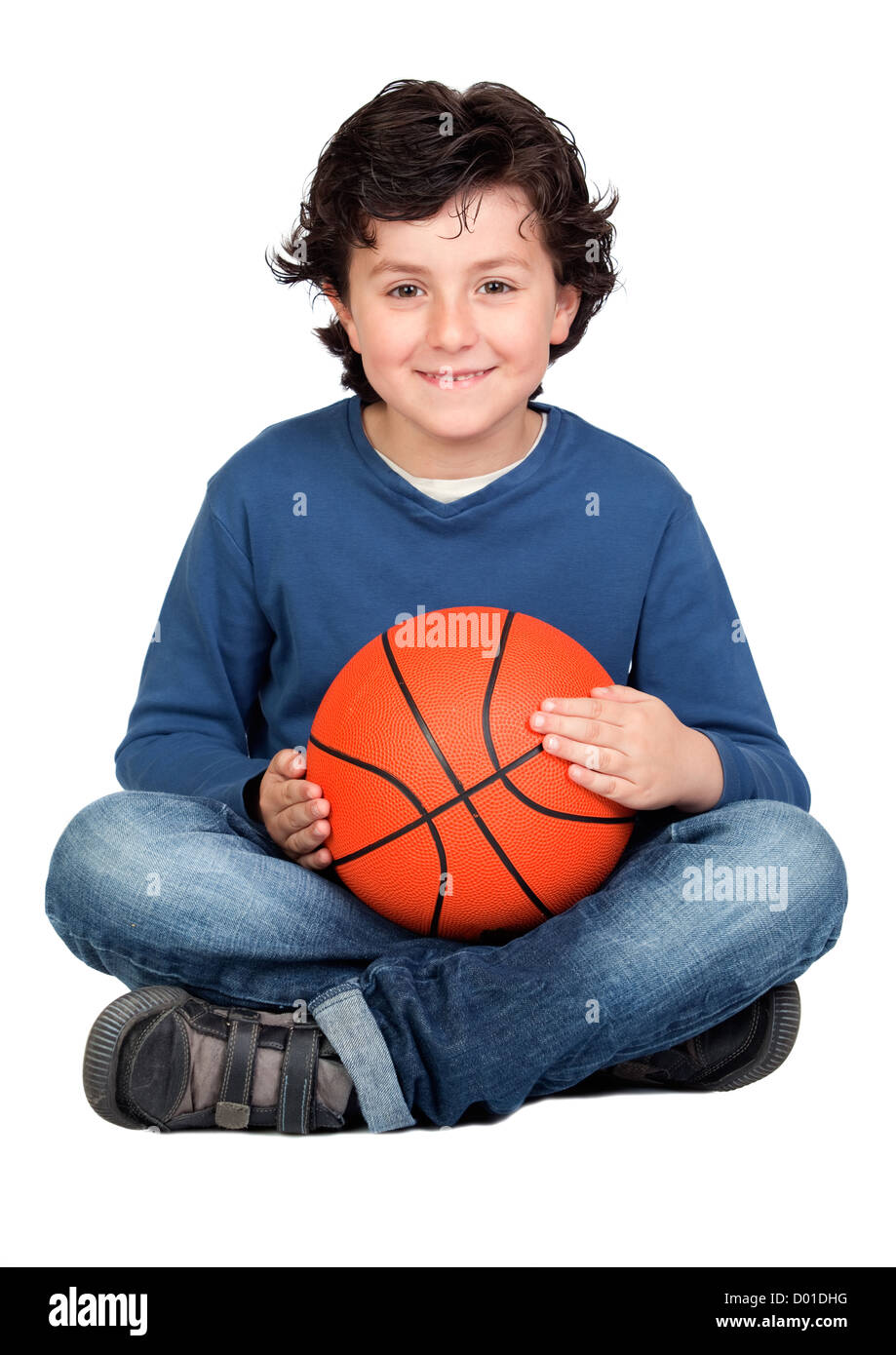 Beautiful child with basket ball isolated on white background Stock ...