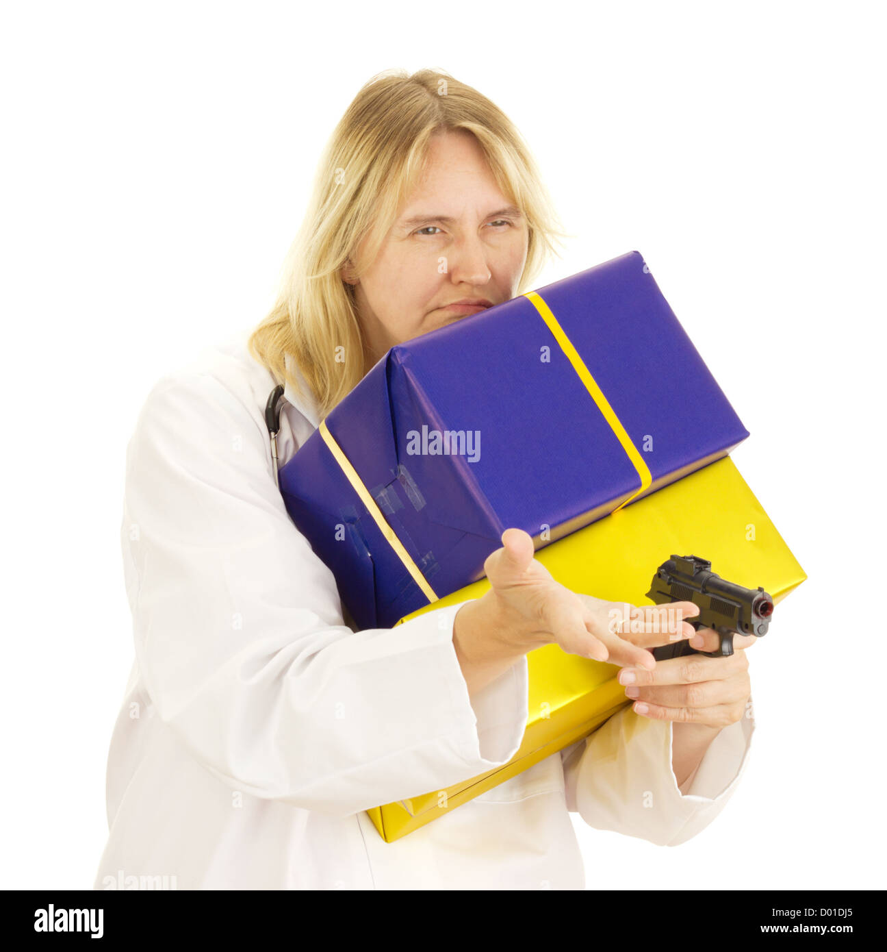 Medical doctor with gifts and a gun Stock Photo - Alamy