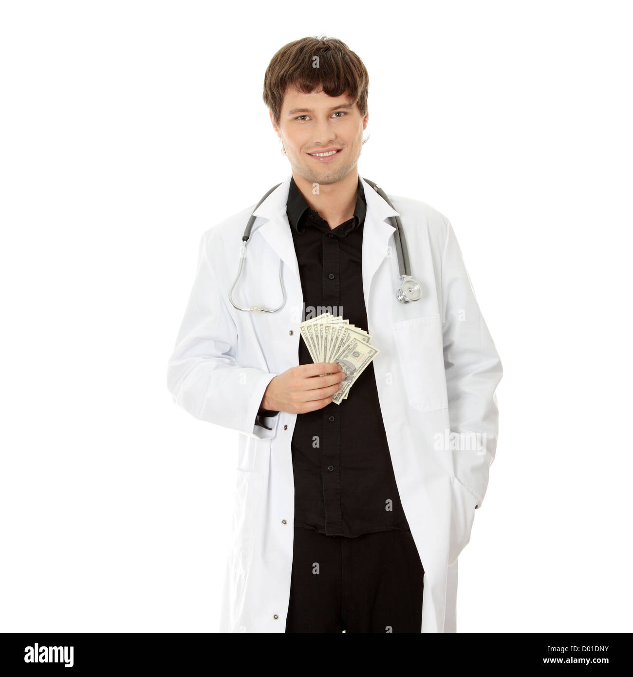 A handsome doctor with money. Isolated on white background Stock Photo ...