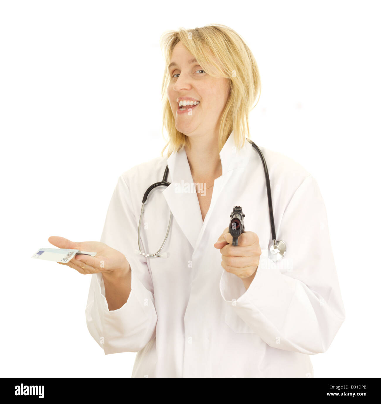 Medical doctor with a gun and money Stock Photo - Alamy