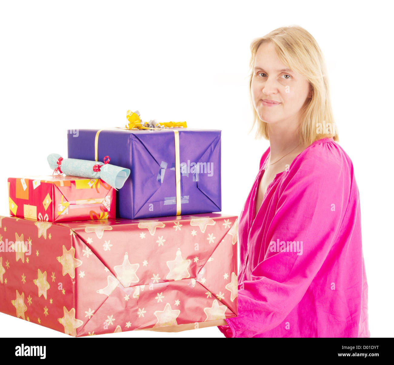 Female person with a lot of gifts Stock Photo - Alamy
