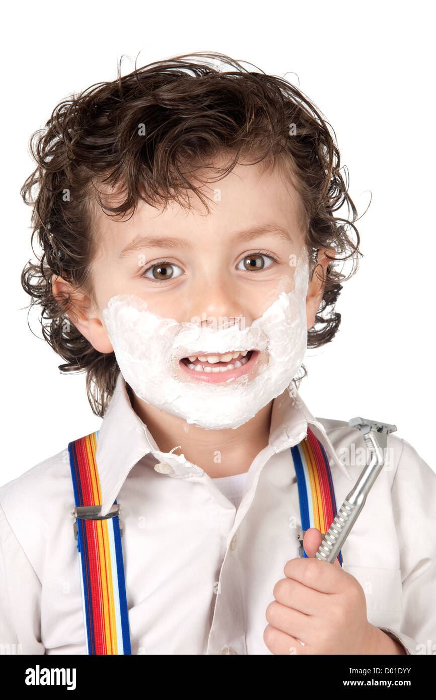 Adorable child shaving over a white background Stock Photo - Alamy
