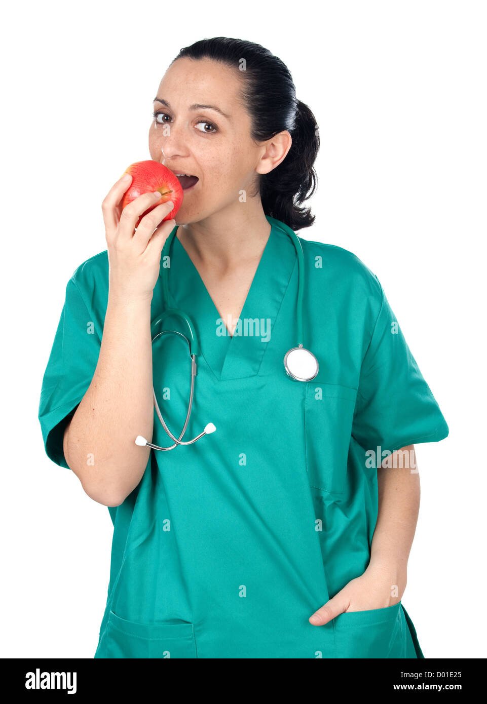 Doctor woman eating red apple isolated on white background Stock Photo ...
