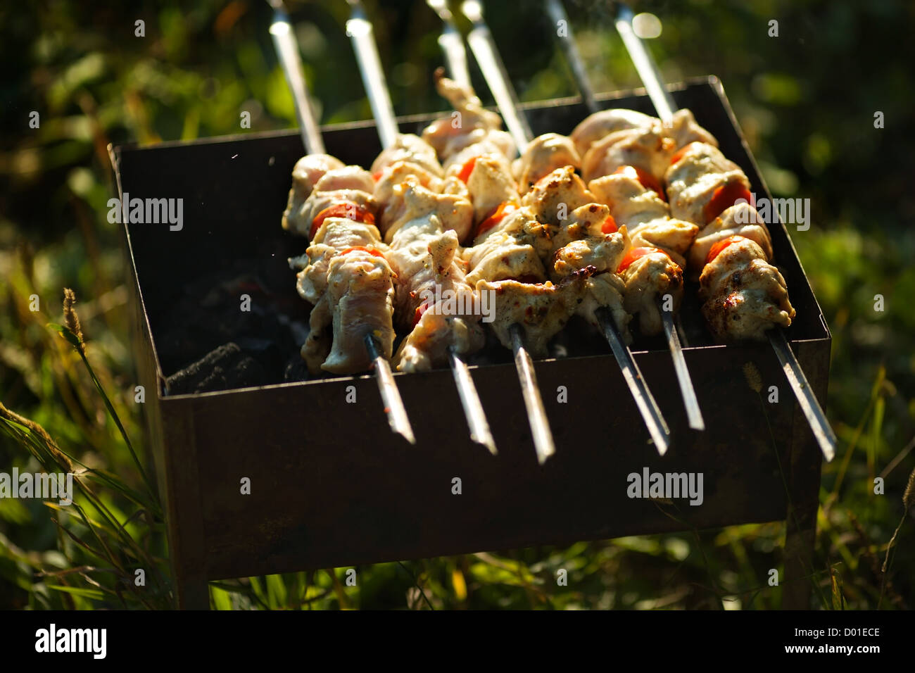 shish kebab in process of cooking on open fire outdoors Stock Photo - Alamy