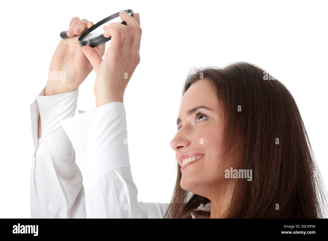 The woman with a magnifier in a hand on the isolated background Stock ...