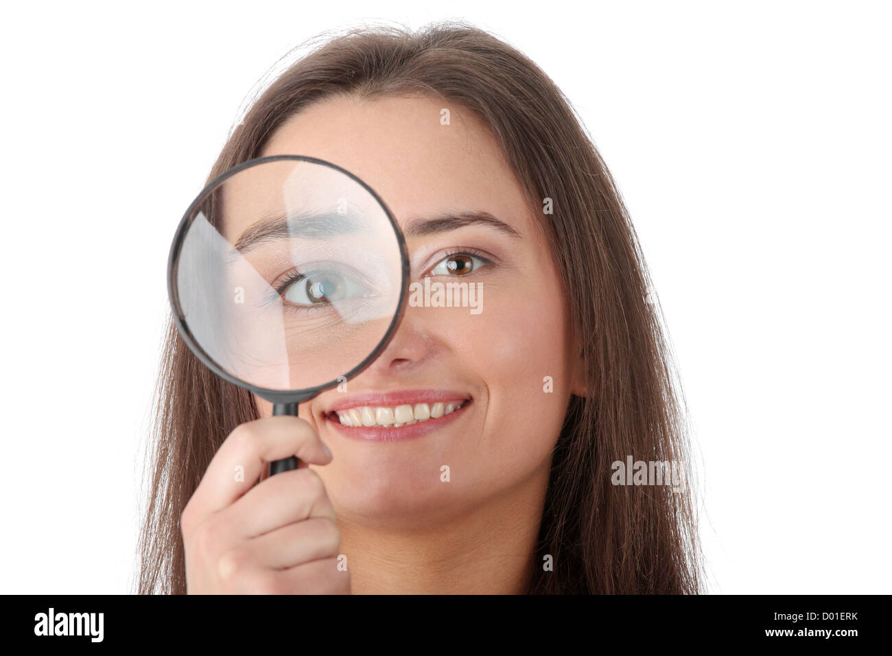 The woman with a magnifier in a hand on the isolated background Stock ...