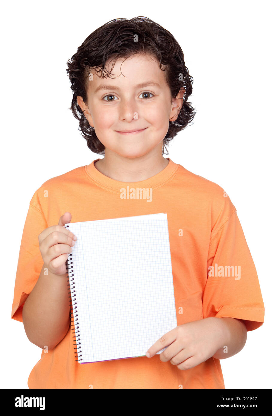 Nice child with blank notebook isolated on white background Stock Photo ...