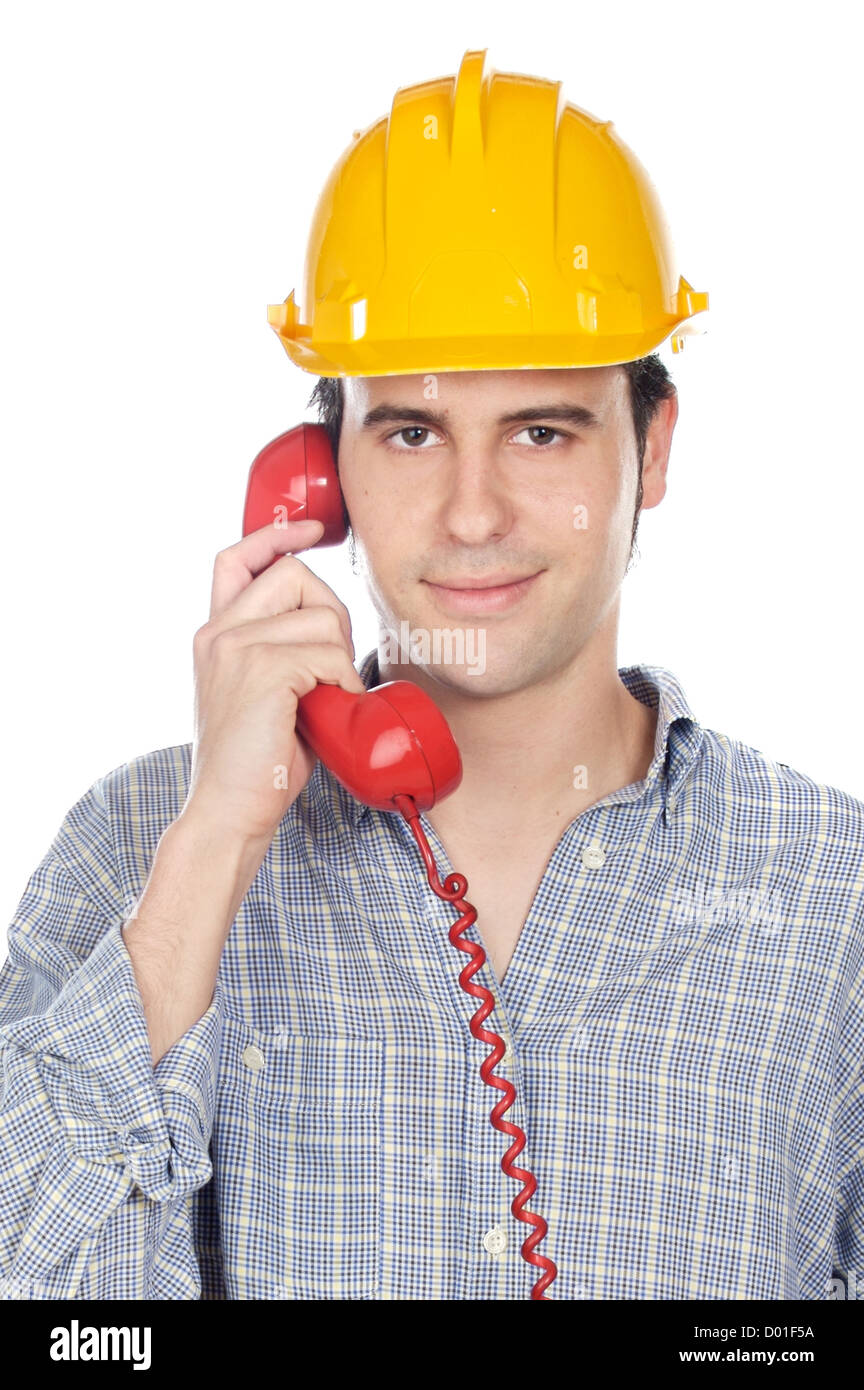 Construction worker talking on the phone a over white background Stock ...