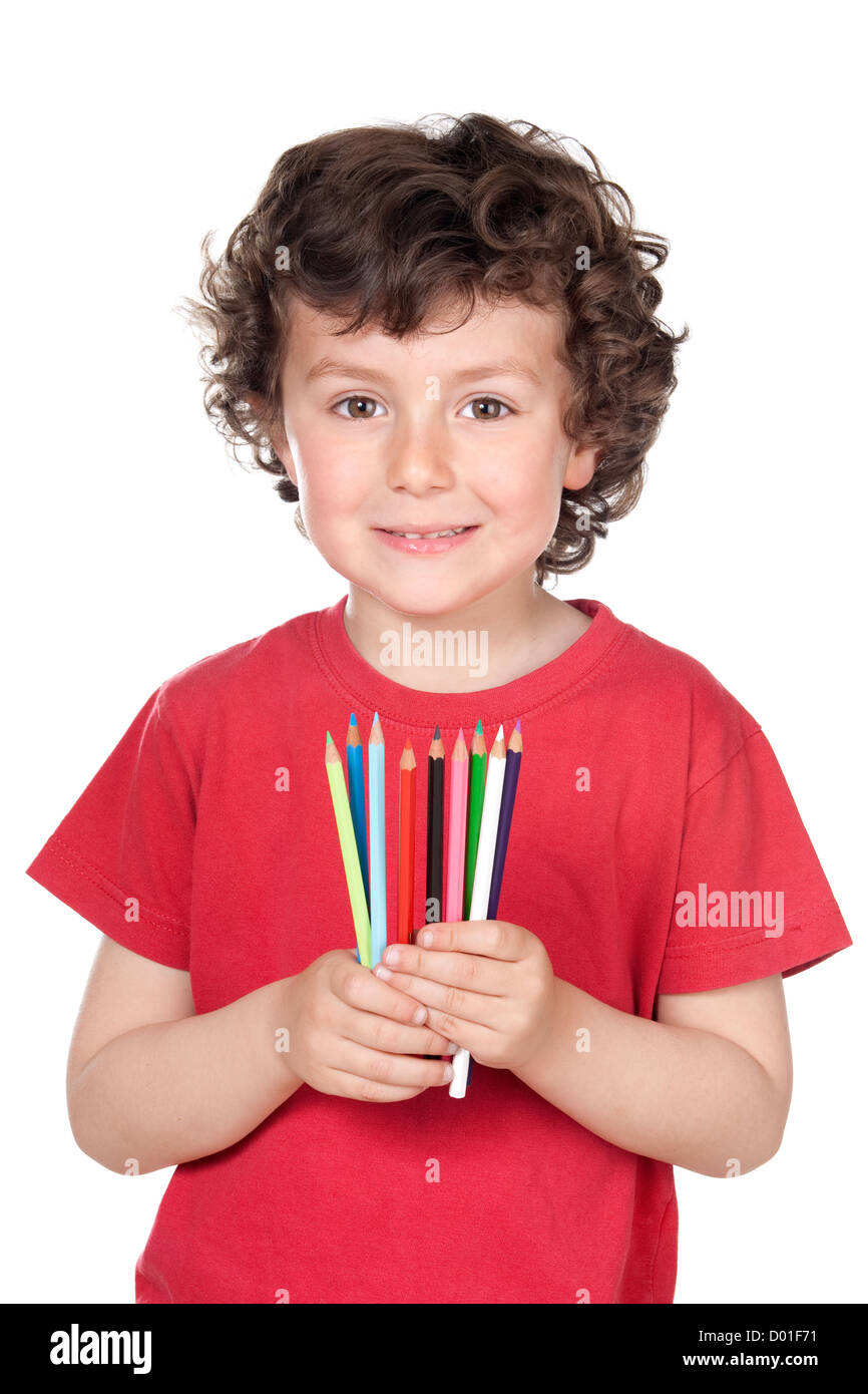 Adorable little boy with many crayons of colors isolated over white ...