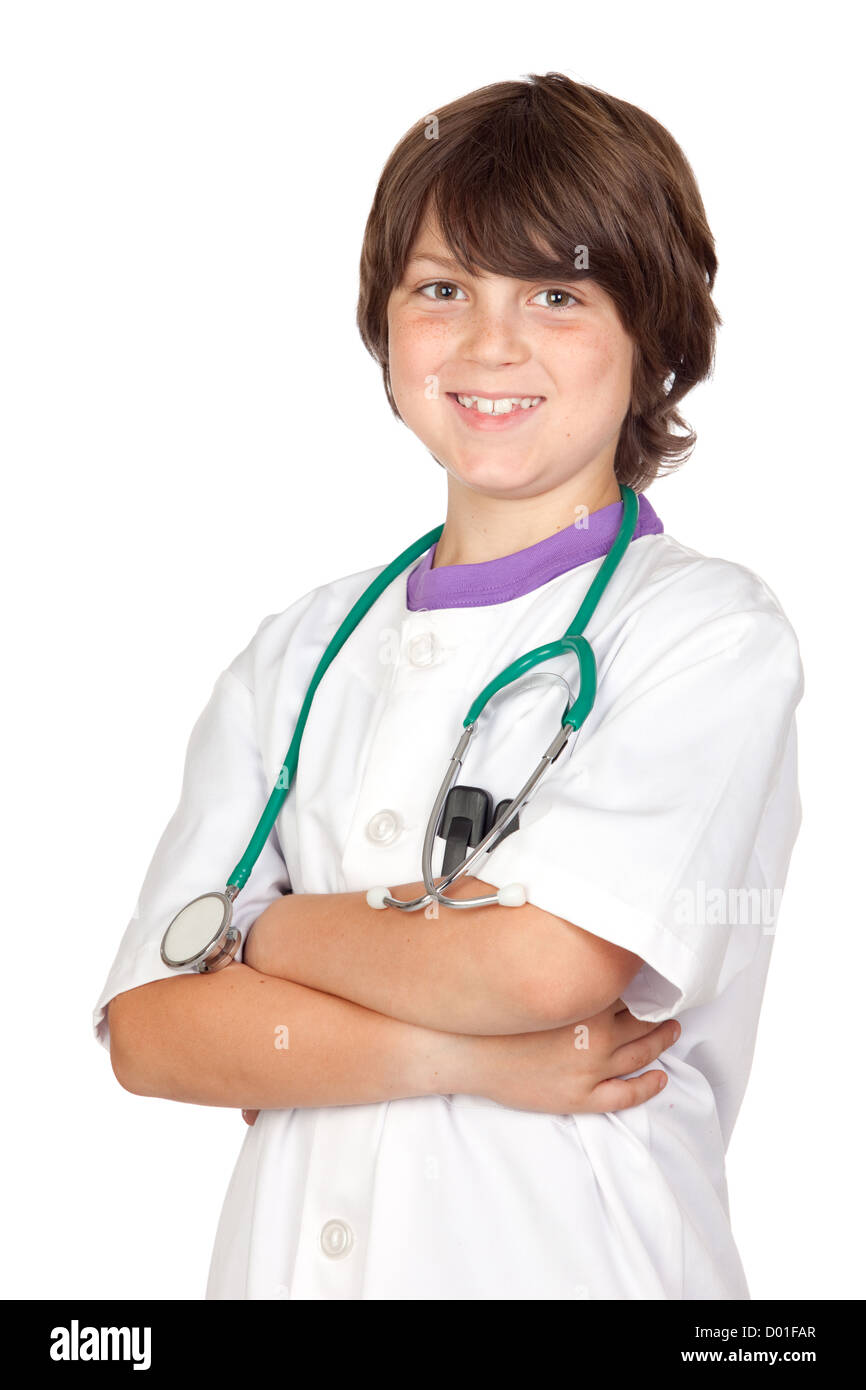 Adorable boy with clothes of doctor isolated on white Stock Photo - Alamy