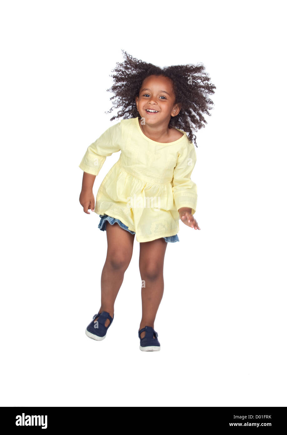 Adorable african little girl jumping with beautiful hairstyle isolated ...