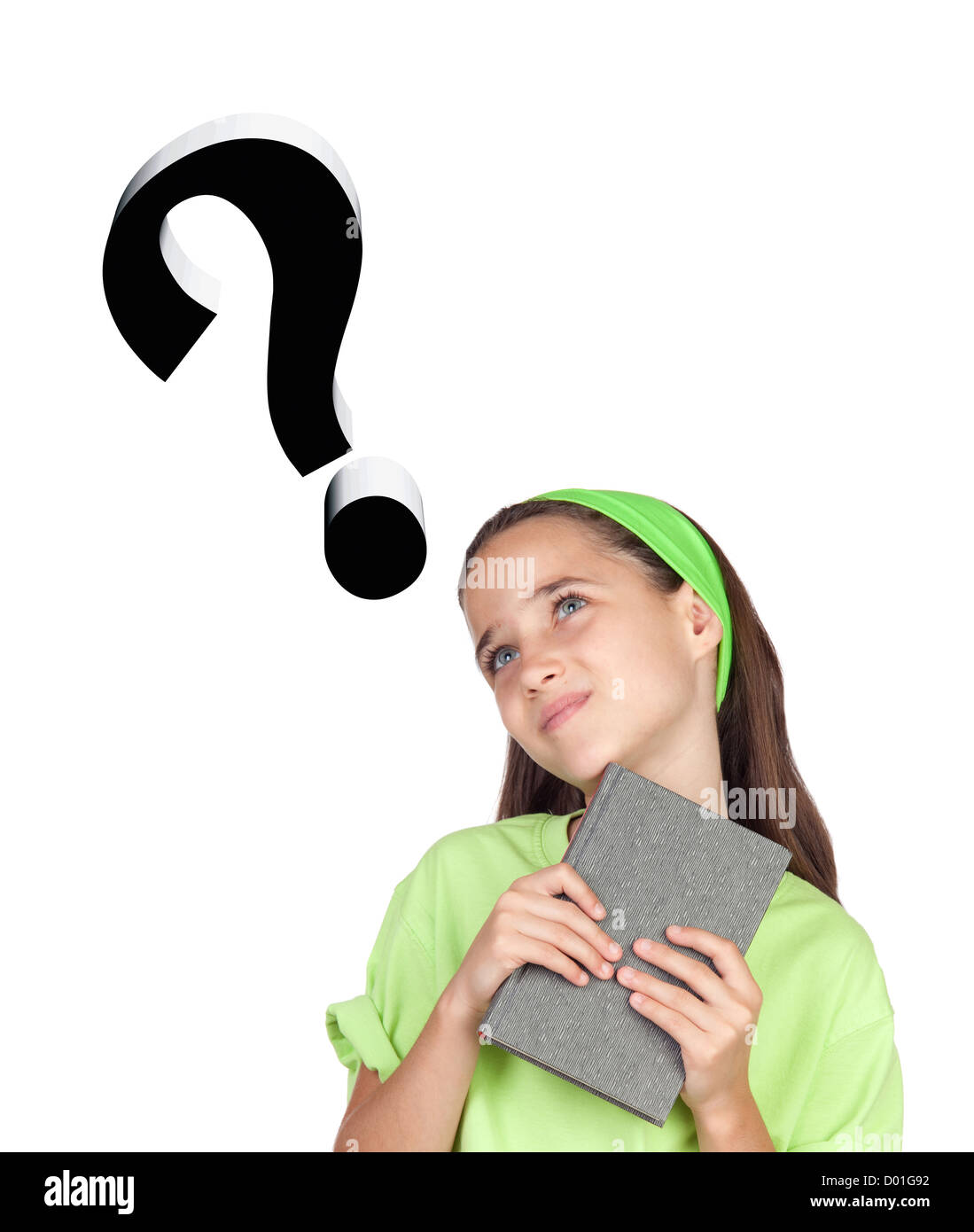 Adorable little girl questioning something with book isolated on white ...