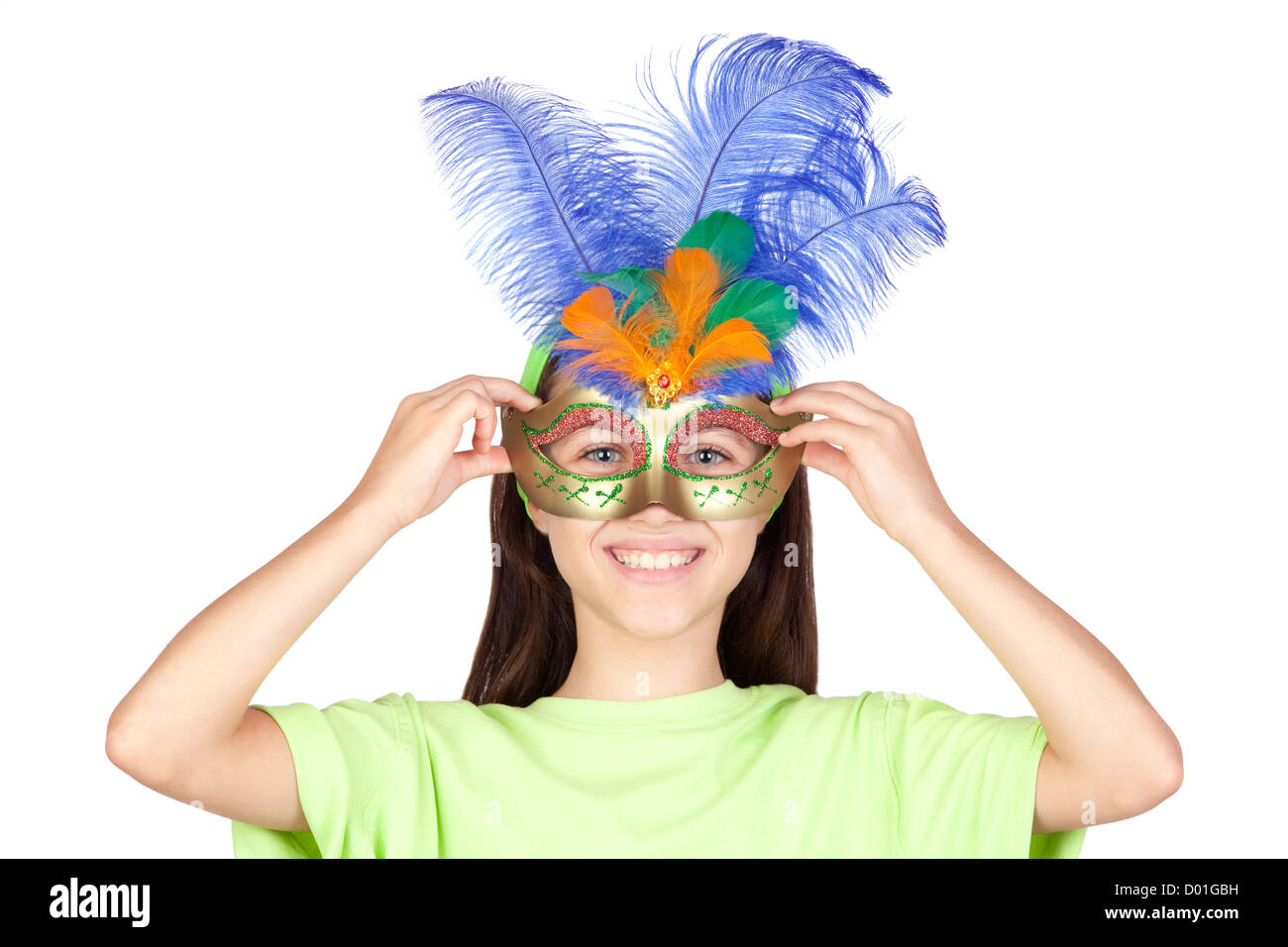 Adorable little girl with Venetian carnival mask isolated on white ...