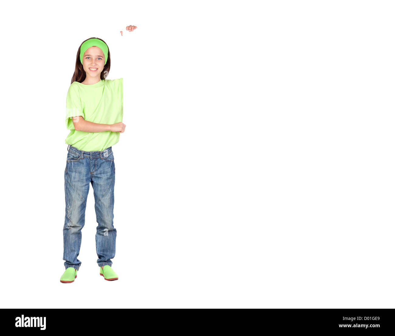 Adorable little girl with a blank poster isolated on white background ...