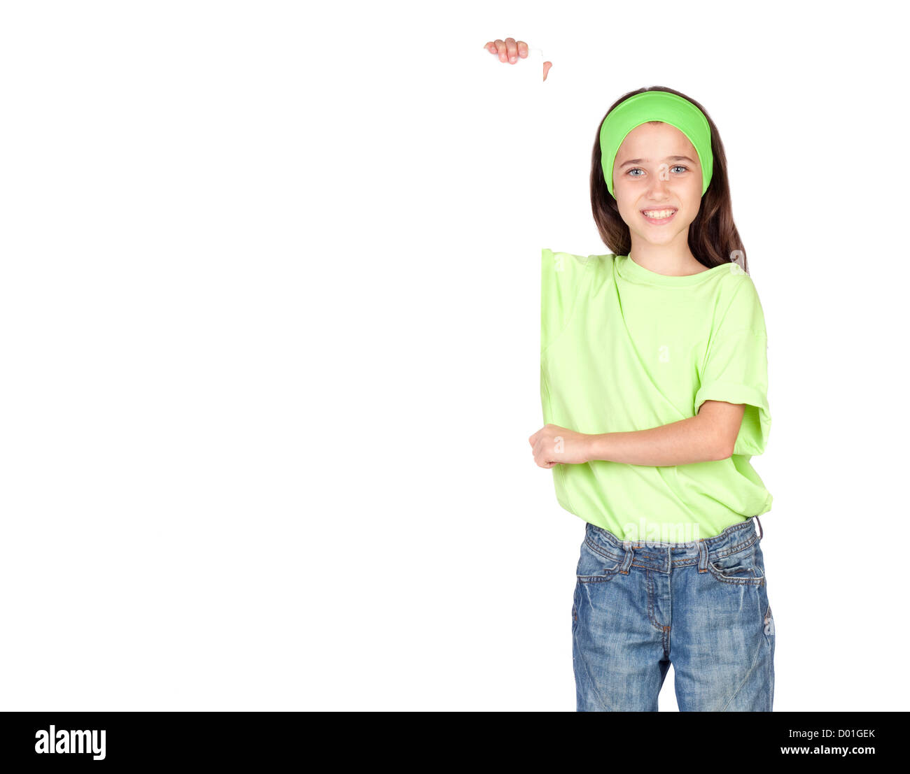 Adorable little girl with a blank poster isolated on white background ...