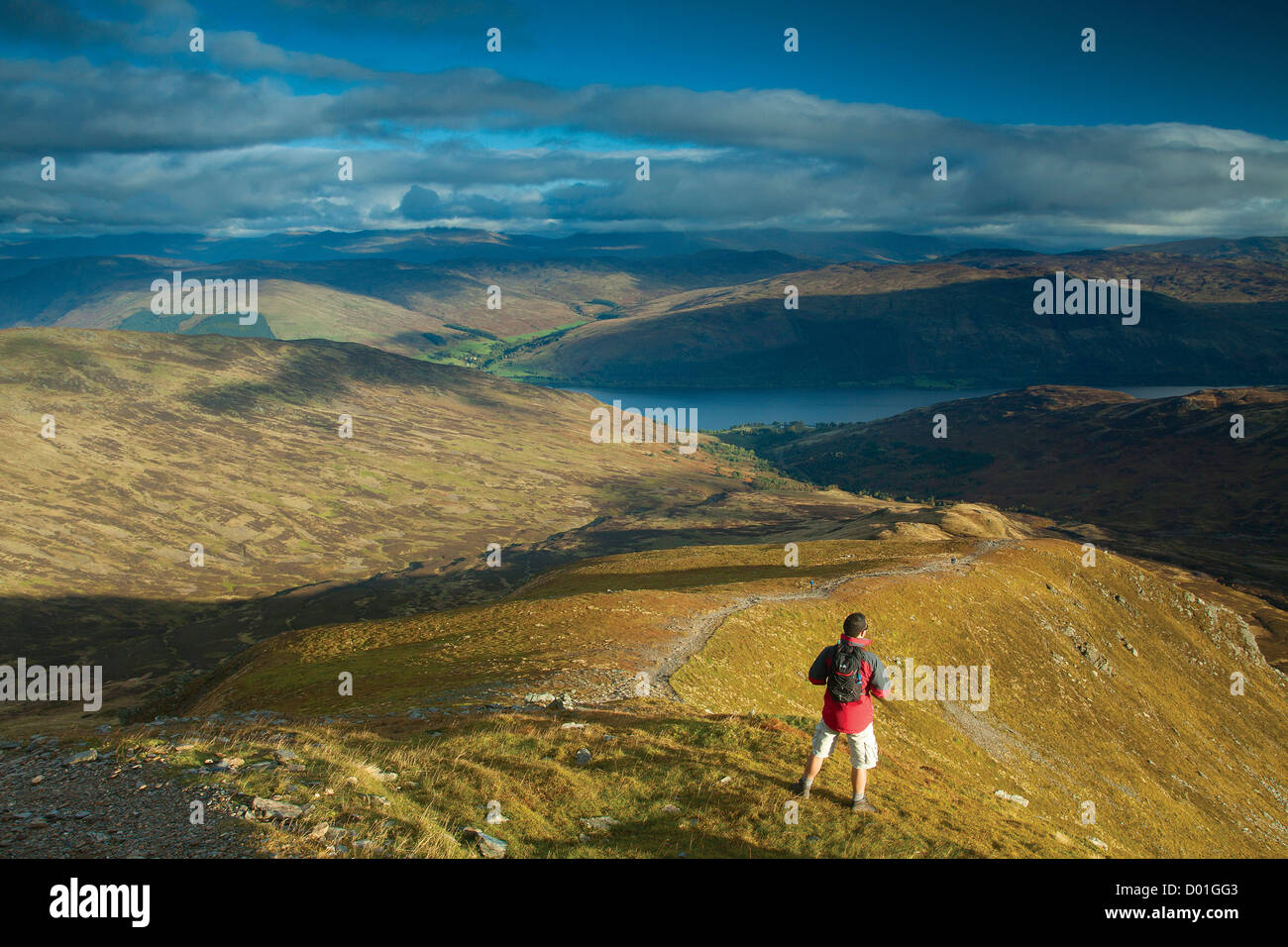 A walker near the summit of Ben Vorlich, a Munro above Loch Earn in ...