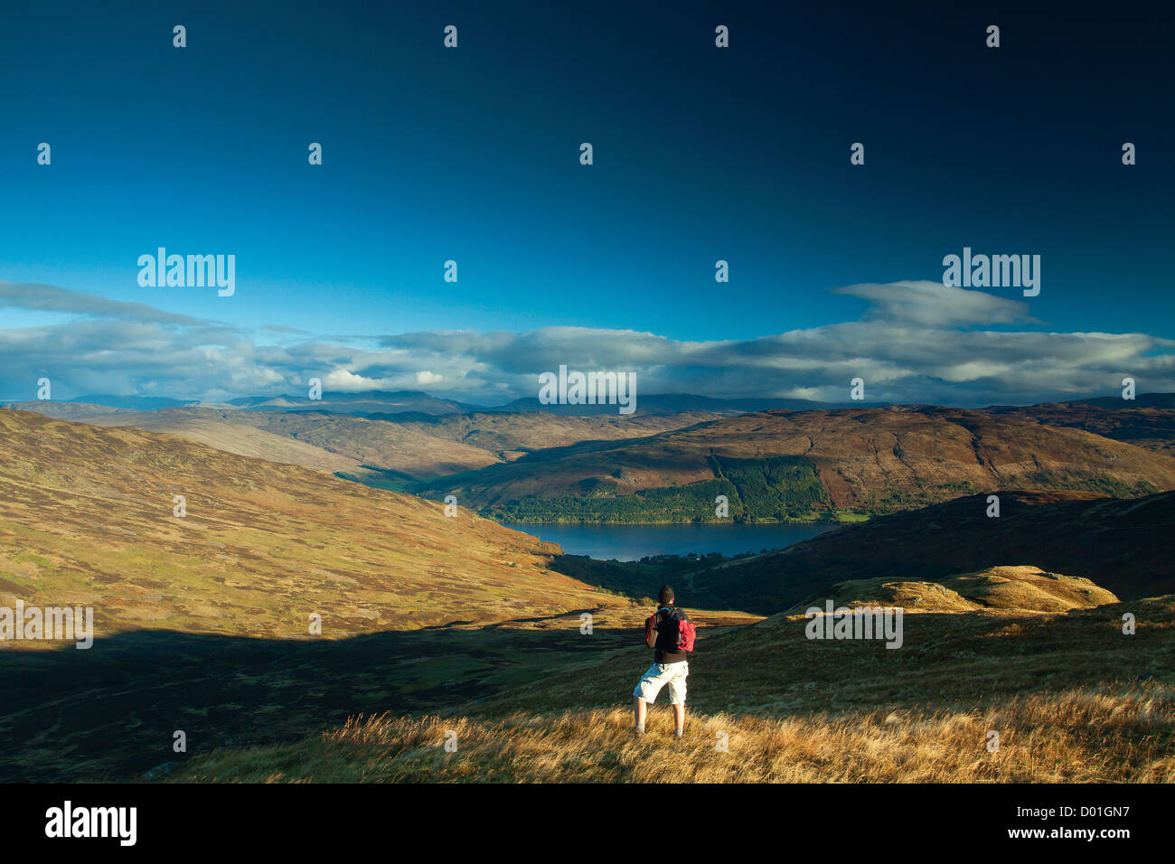 A walker near the summit of Ben Vorlich, a Munro above Loch Earn in ...