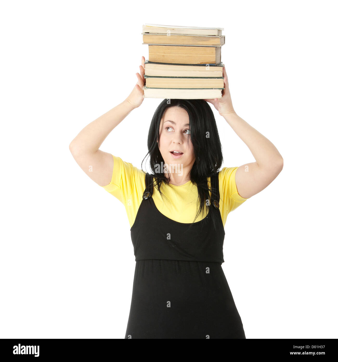 Young corpulency student woman with lot of heavy books isolated on ...