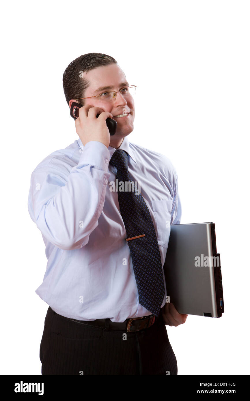 Busy Businessman talking on mobile phone holding laptop isolated Stock ...