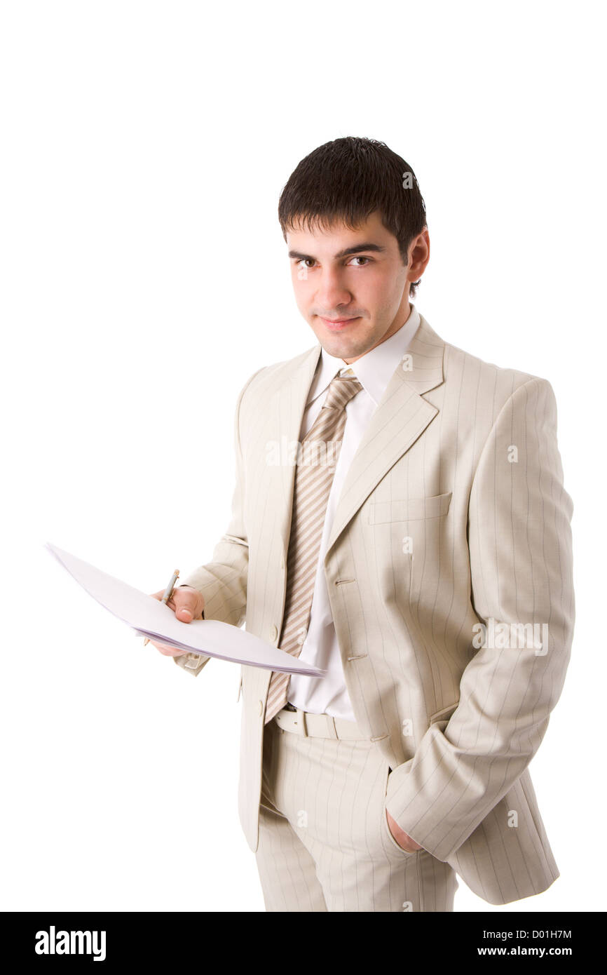 Business man holding papers isolated on white Stock Photo - Alamy
