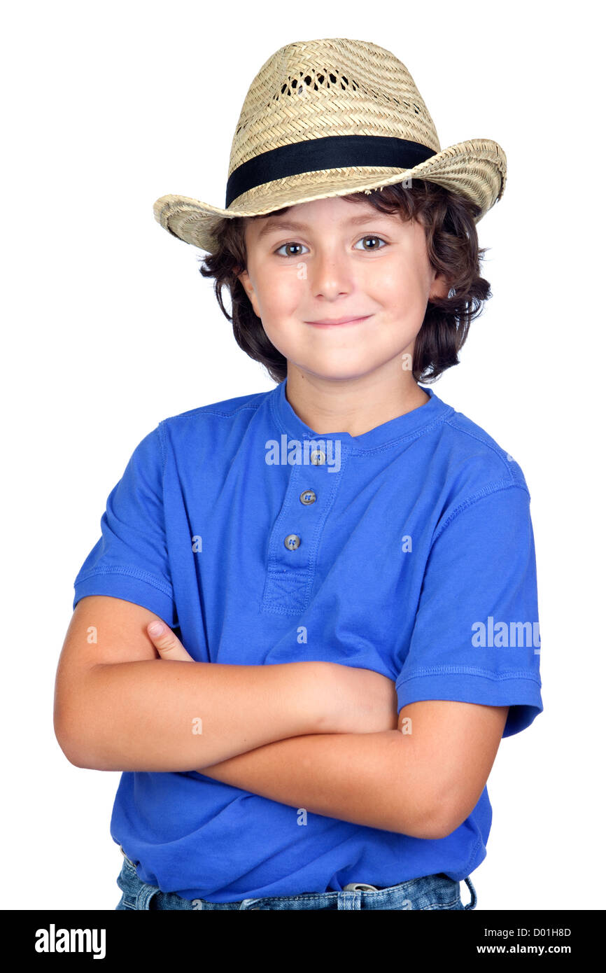Funny child with straw hat isolated on white background Stock Photo - Alamy