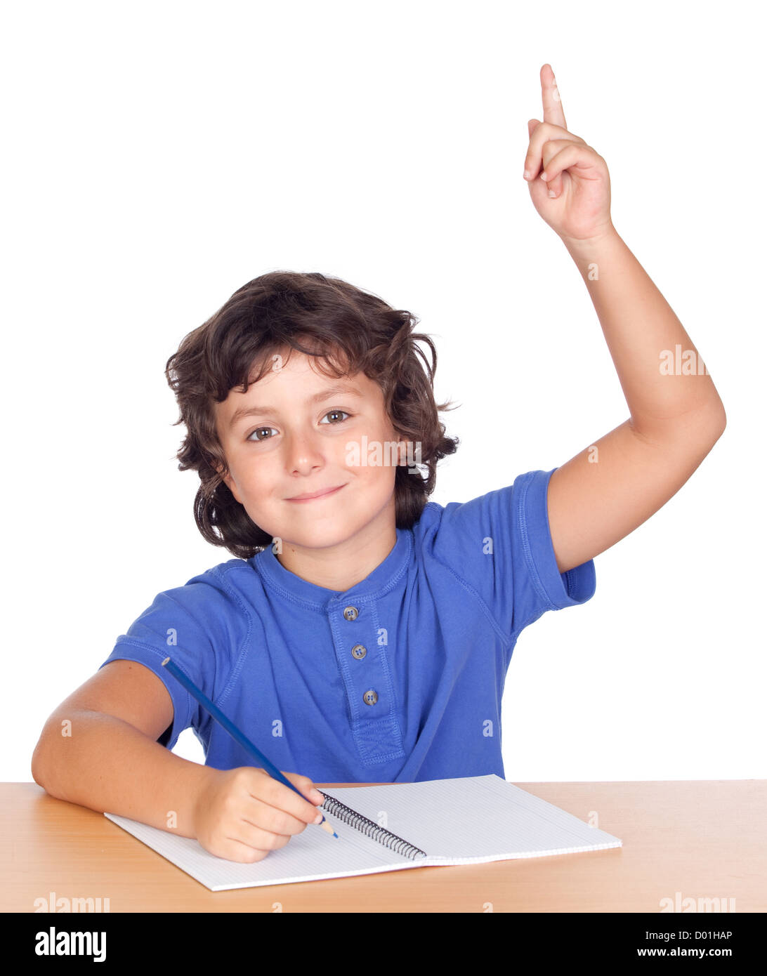 Student child studying raising the hand isolated on a over white ...