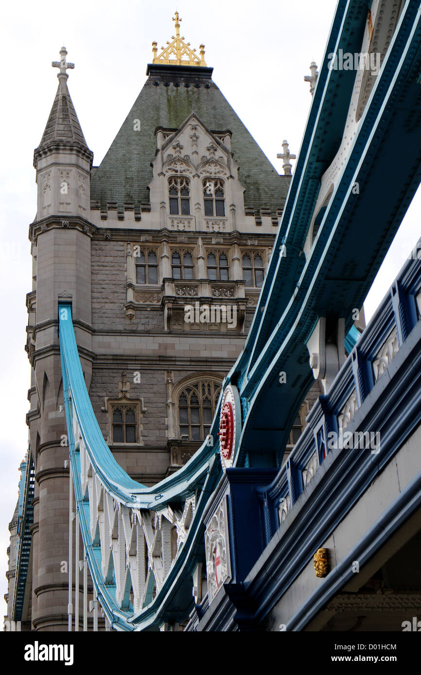 Tower Bridge detail - cast iron and gothic masonry of a tower Stock ...