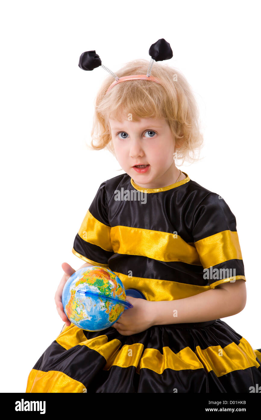 Little Girl wearing bee costume holding globe isolated on white Stock ...