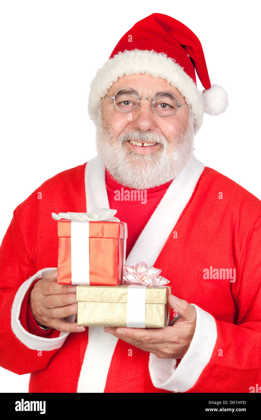 Smiley Santa Claus with two gifts isolated on white background Stock ...