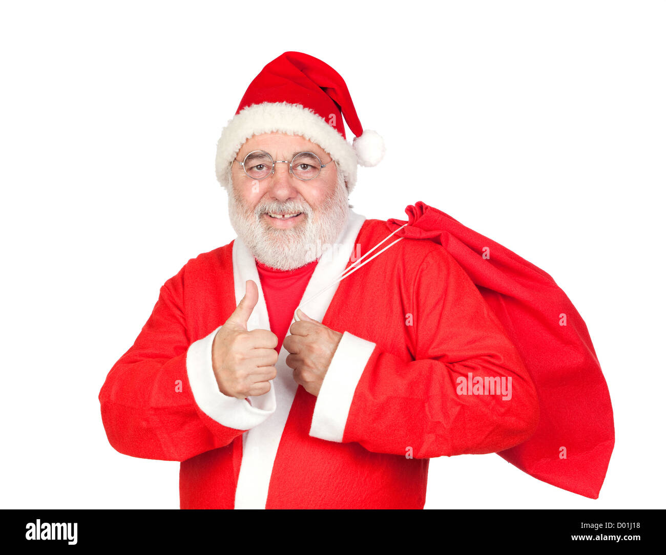 Santa Claus with a full sack saying OK isolated on white background ...