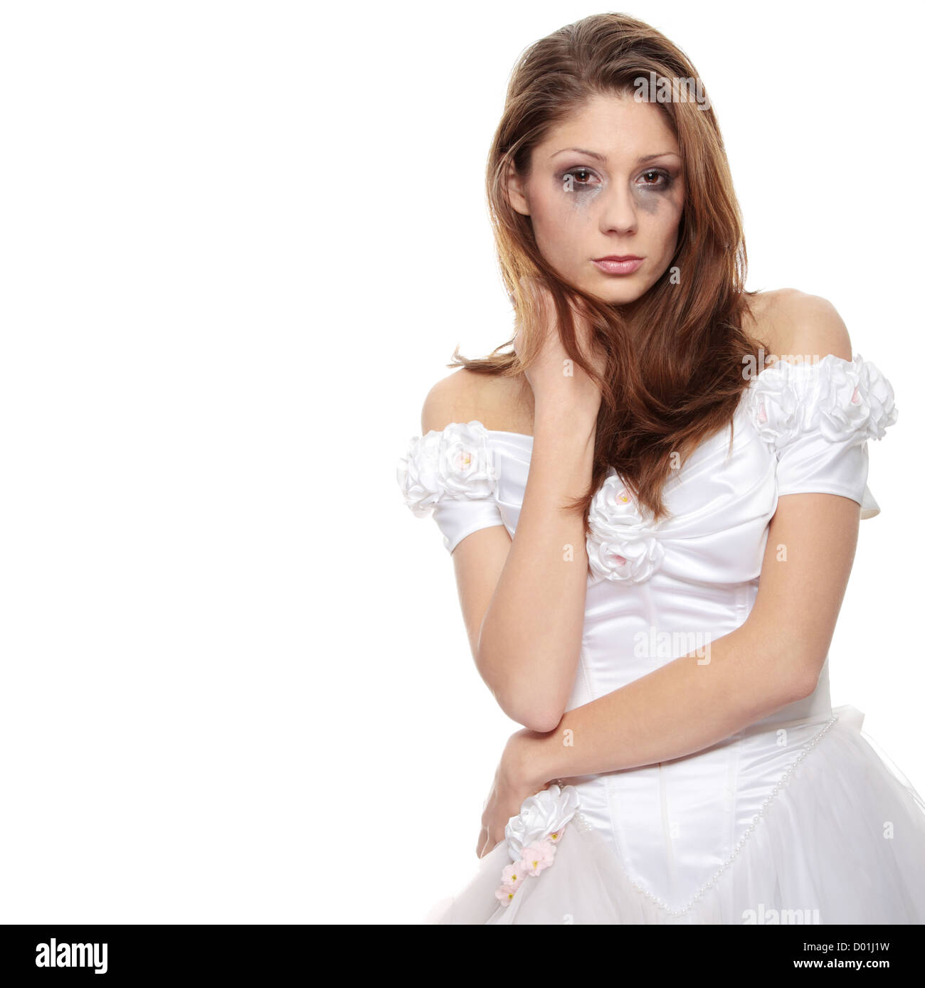 Beautiful young caucasian sad bride crying, over white background Stock ...