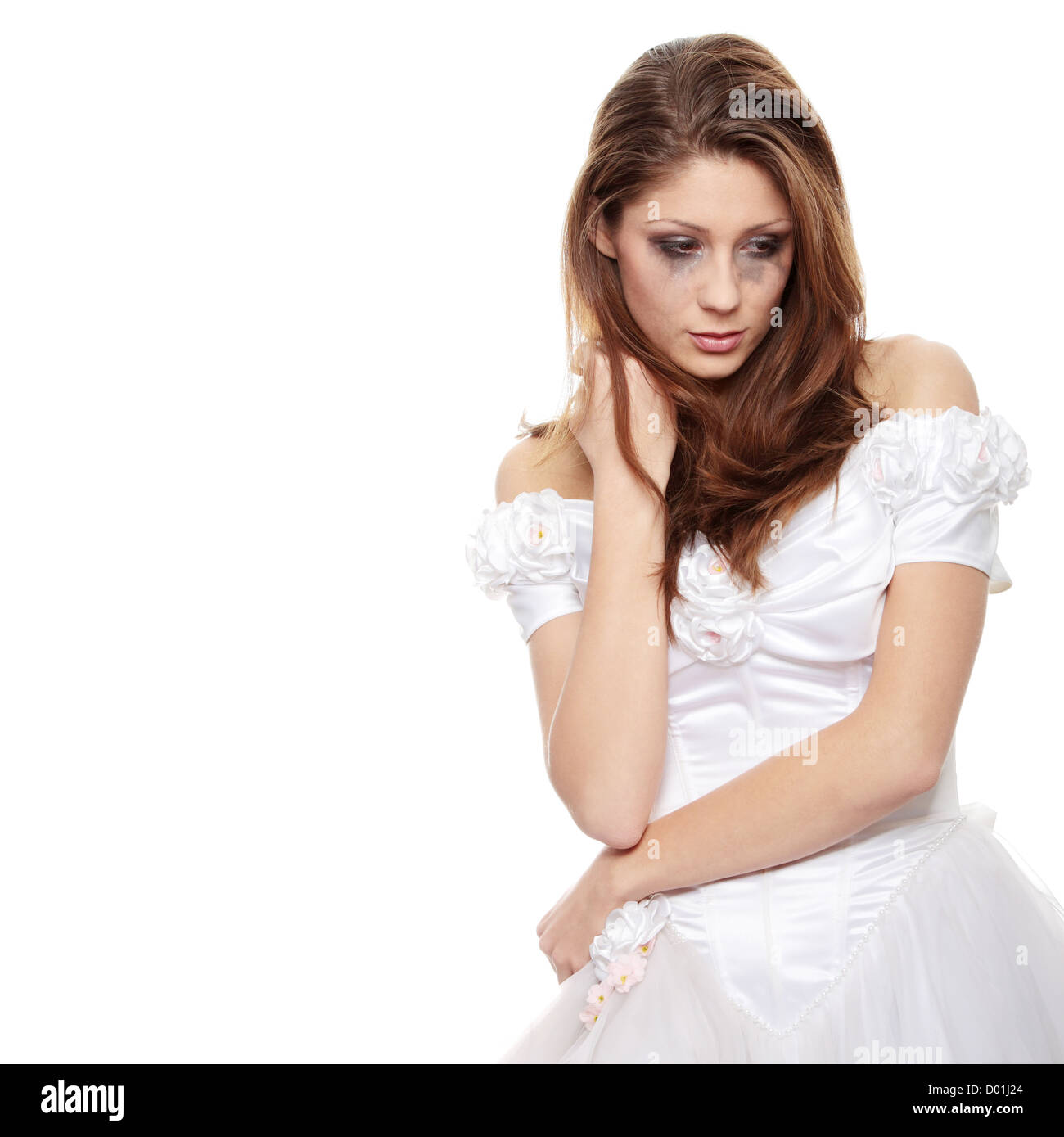 Beautiful young caucasian sad bride crying, over white background Stock ...