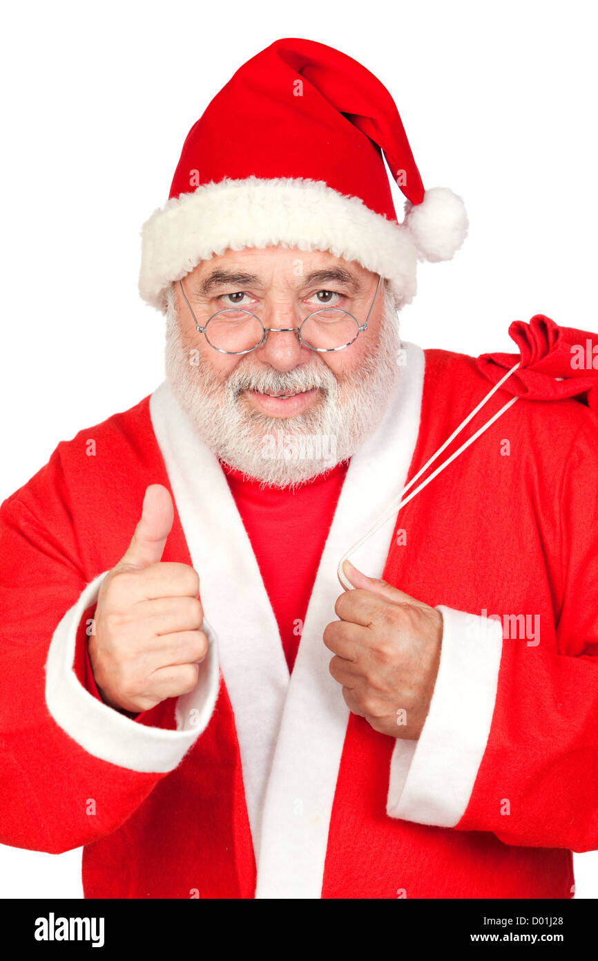 Santa Claus with a full sack saying OK isolated on white background ...