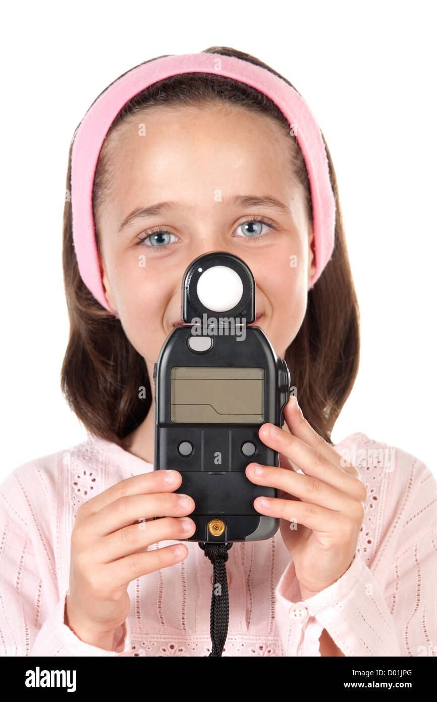 Beautiful girl dressed in pink with photometers isolated on white ...