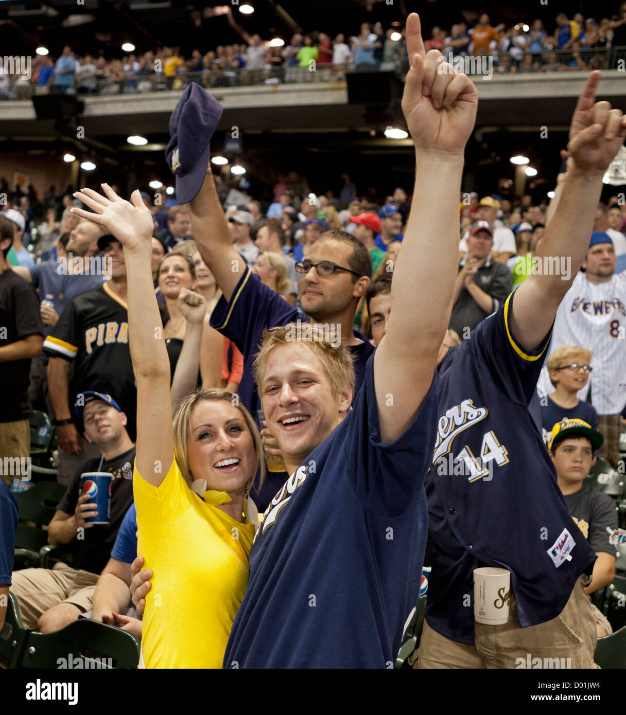 Baseball fans celebrate at Miller Park in Milwaukee, Wisconsin, USA ...