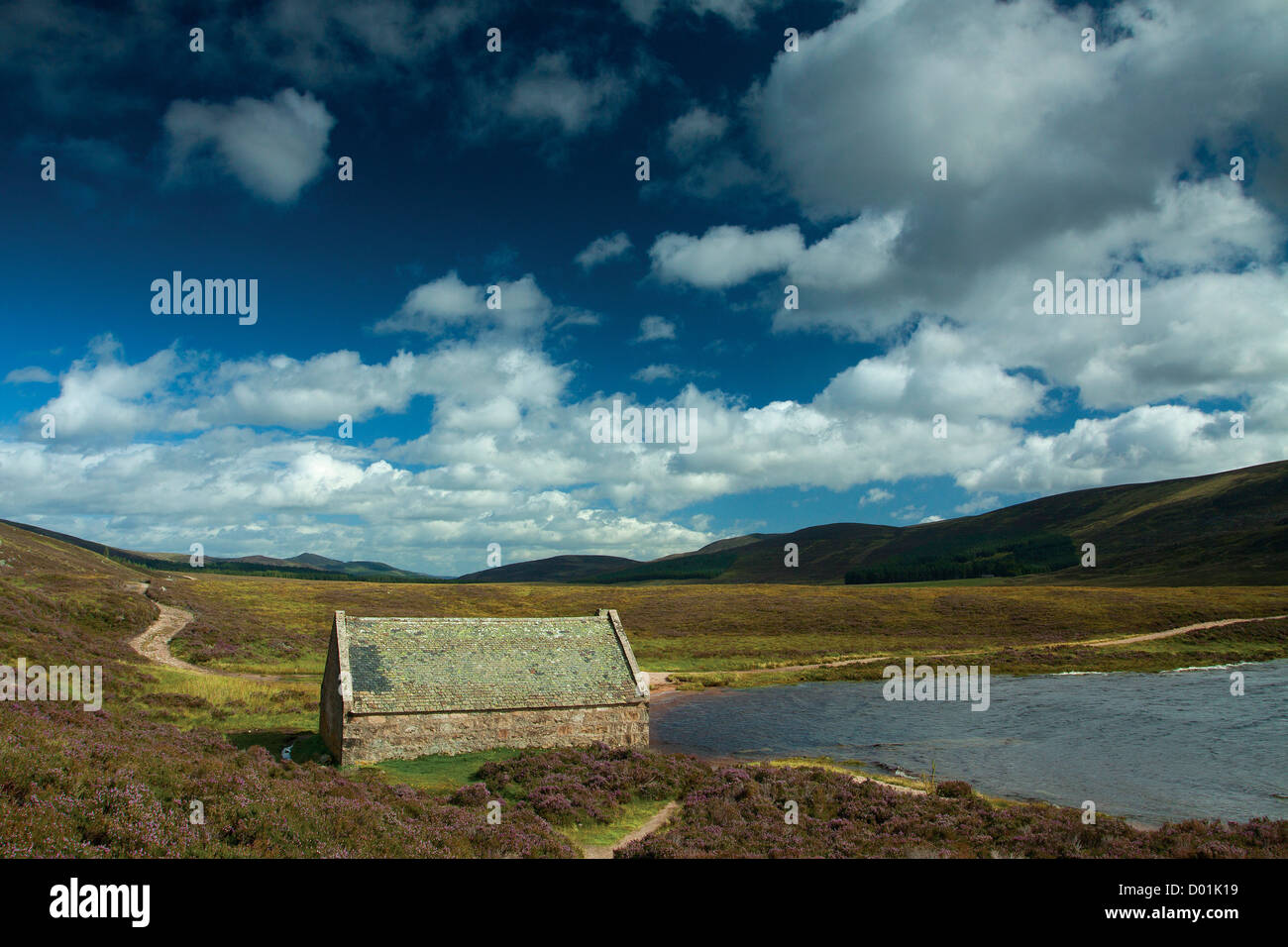 An old Boathouse on the banks of Loch Muick, Cairngorms National Park ...