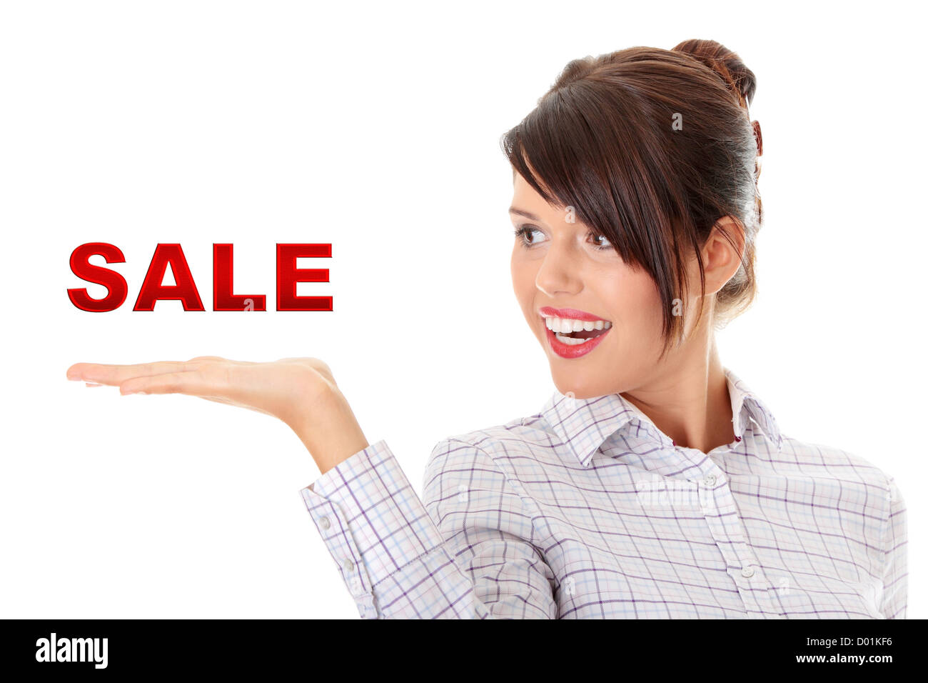Businesswoman presenting sale sign Stock Photo - Alamy