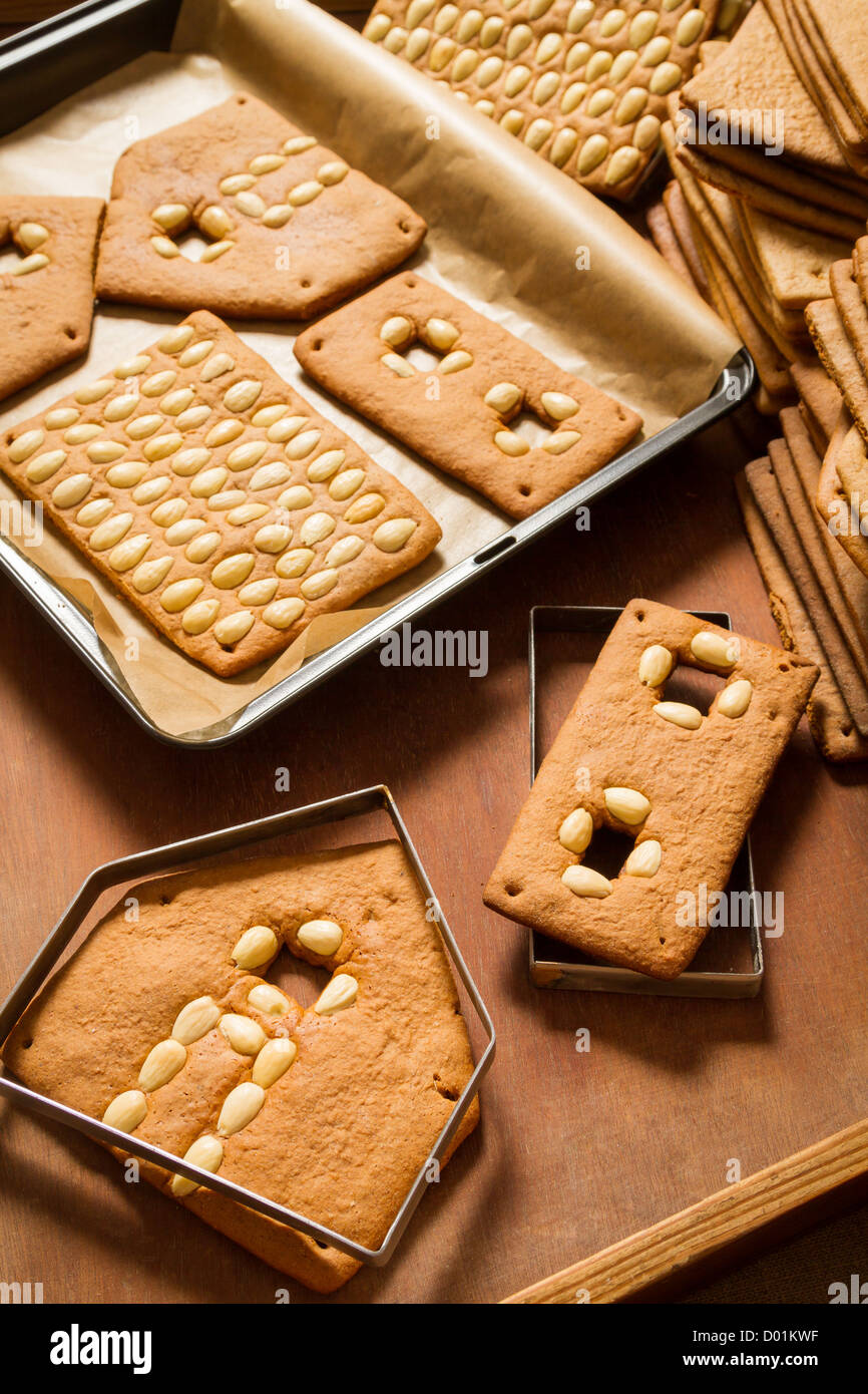 Baked gingerbread cottage components Stock Photo - Alamy