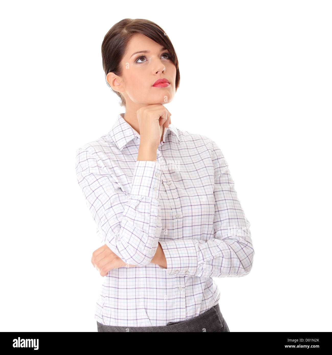 Thoughtful business woman portrait isolated over a white background ...