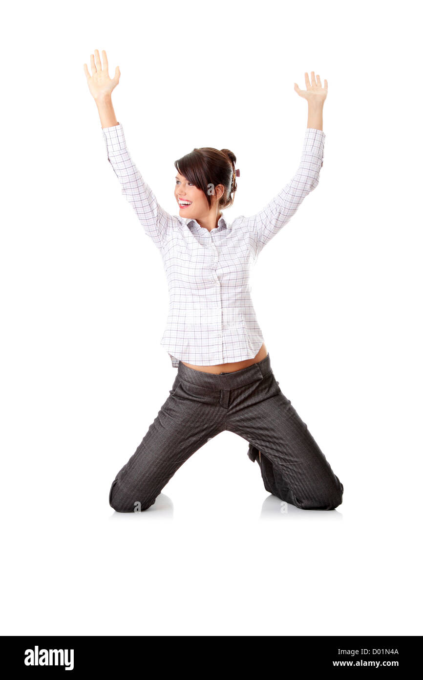 Businesswoman with hands up Stock Photo - Alamy