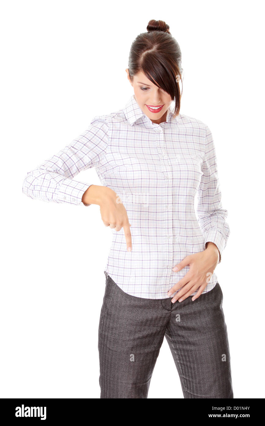 Young happy businesswoman pointing direction, isolated on white Stock ...