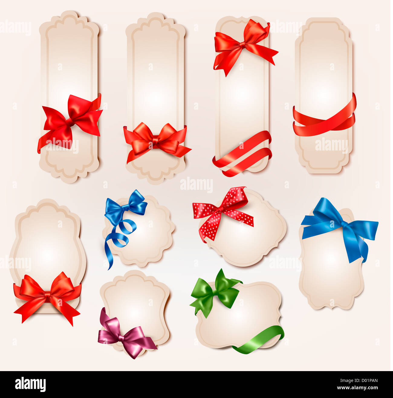 Set of beautiful retro labels with colorful gift bows with ribbons ...