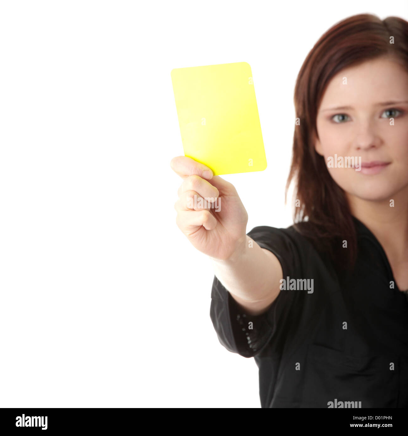 Young female referee showing the red card, isolated on white Stock ...