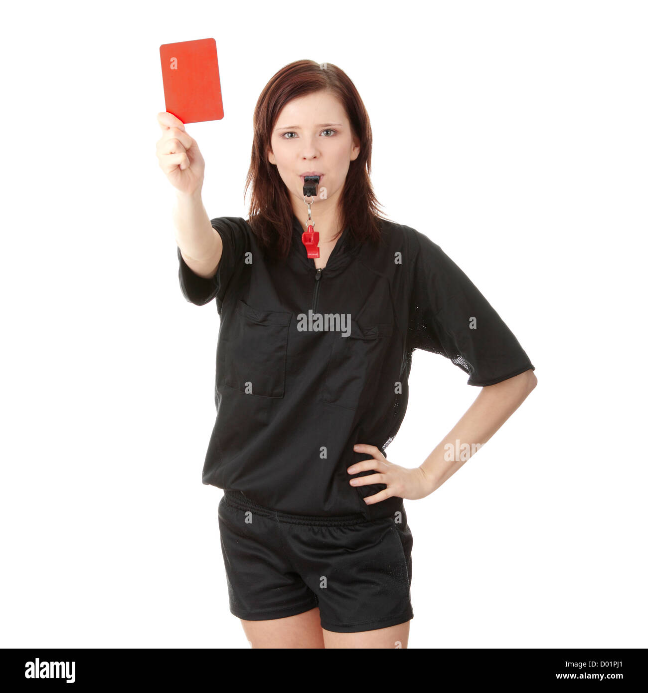 Young female referee showing the red card, isolated on white Stock ...
