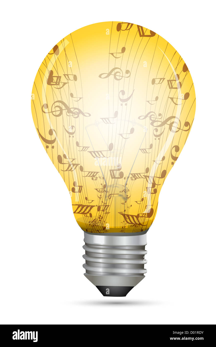 illustration of electric bulb with music texts on isolated background ...