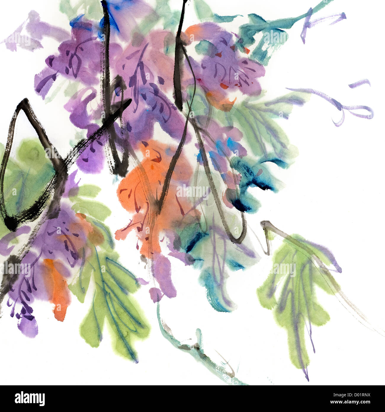 Colorful Chinese painting, traditional ink artwork of flowers on white ...