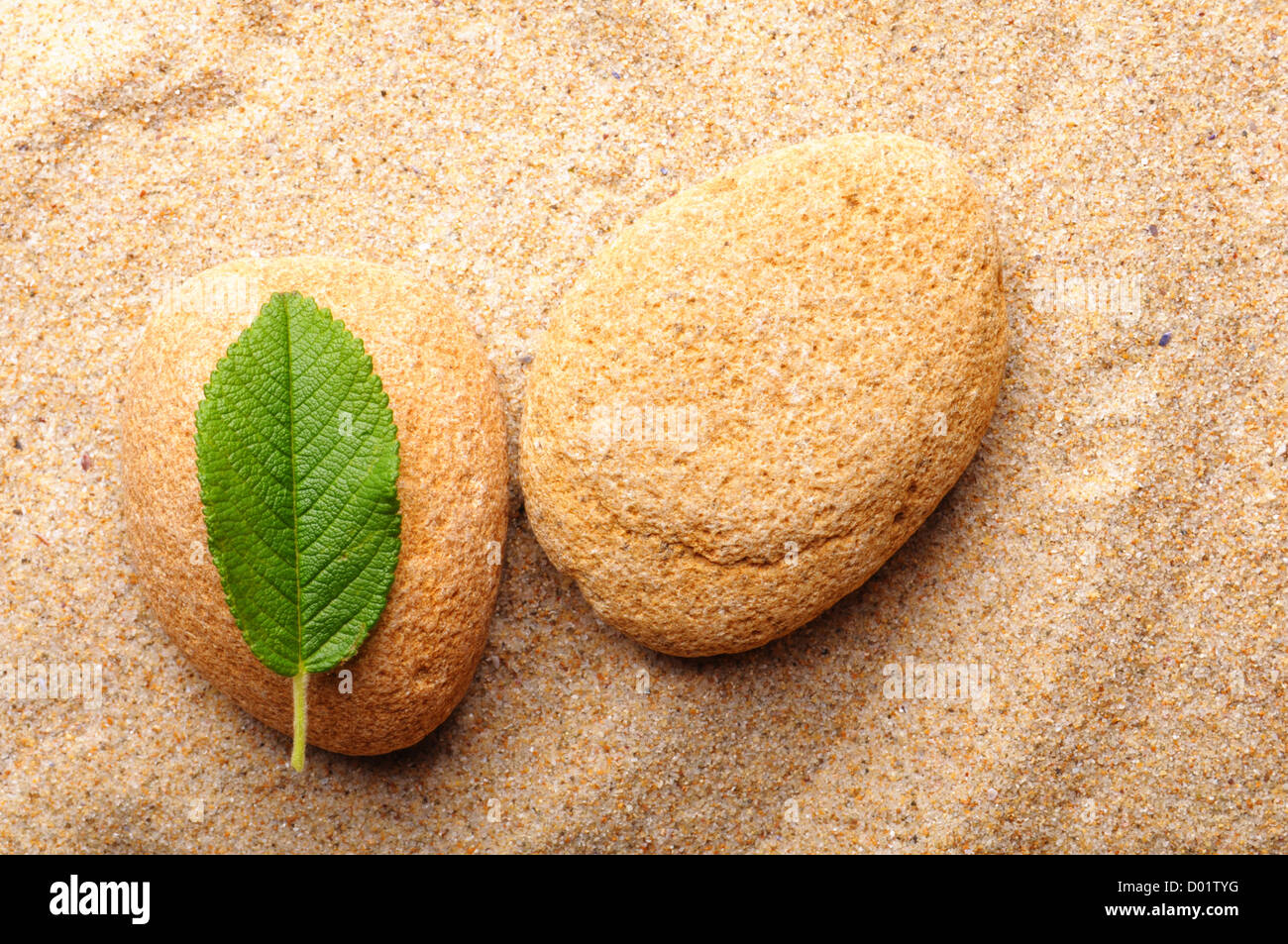 zen garden with stone or pebble on sand with leaf Stock Photo - Alamy