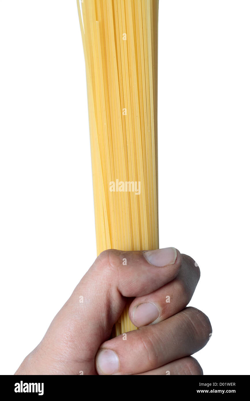 hand holding spaghetti over white with clipping path Stock Photo - Alamy