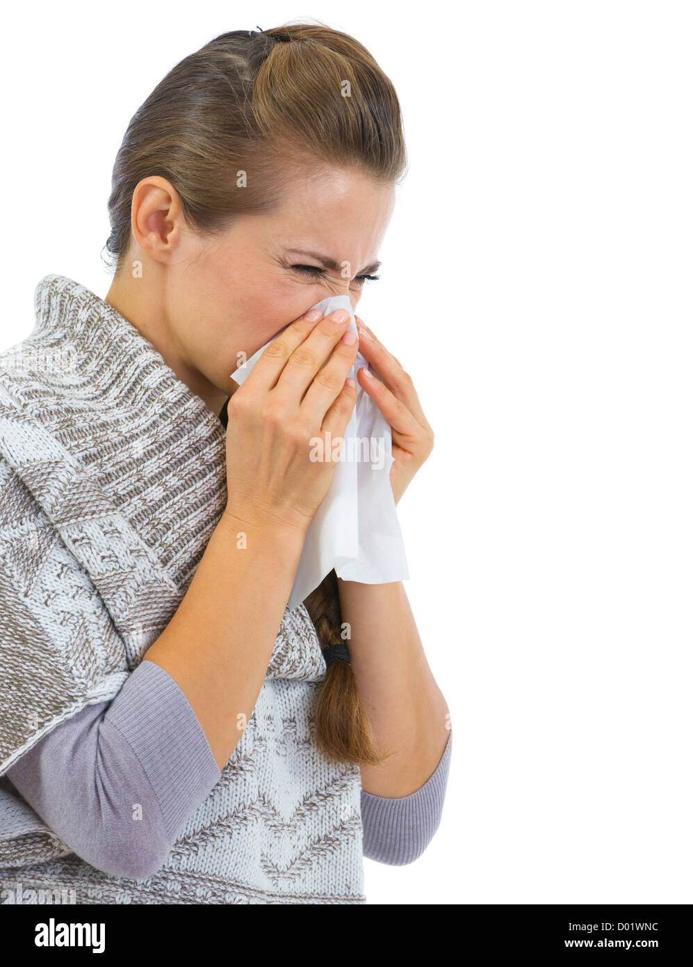 Woman having running nose and using napkin Stock Photo - Alamy